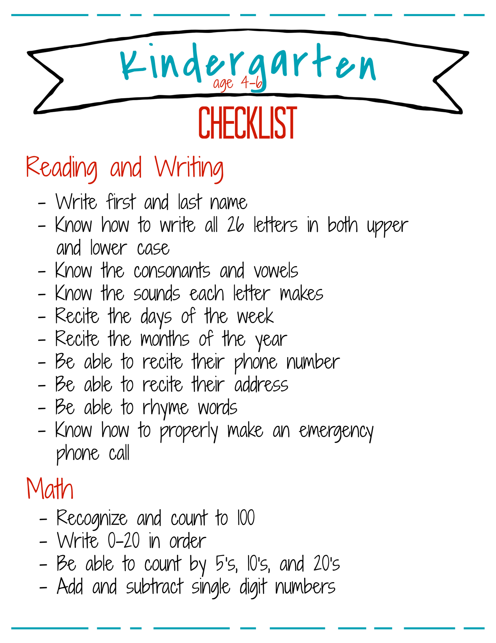 Kindergarten Checklist 2 – {the girl on foxy lane}